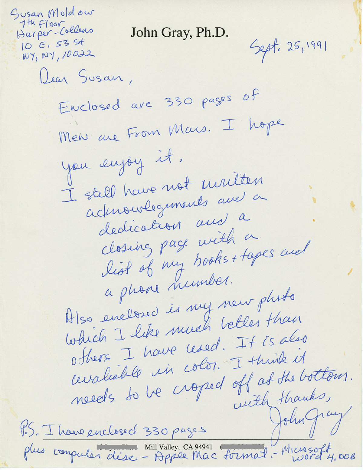 Handwritten letter from John Gray regarding his manuscript for Men Are ...
